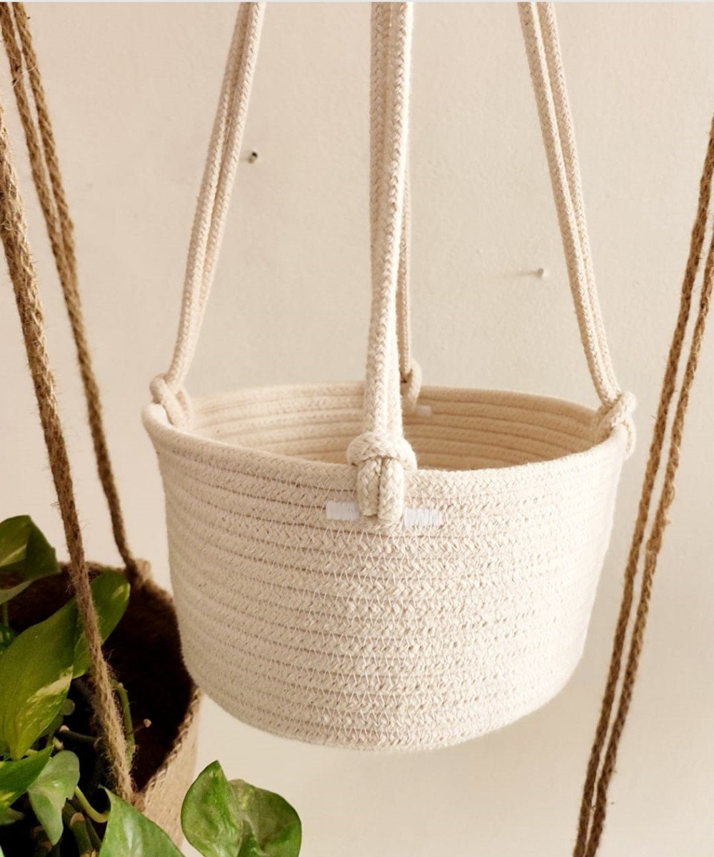 Set of 2 Cotton Rope Hanging Planter Basket